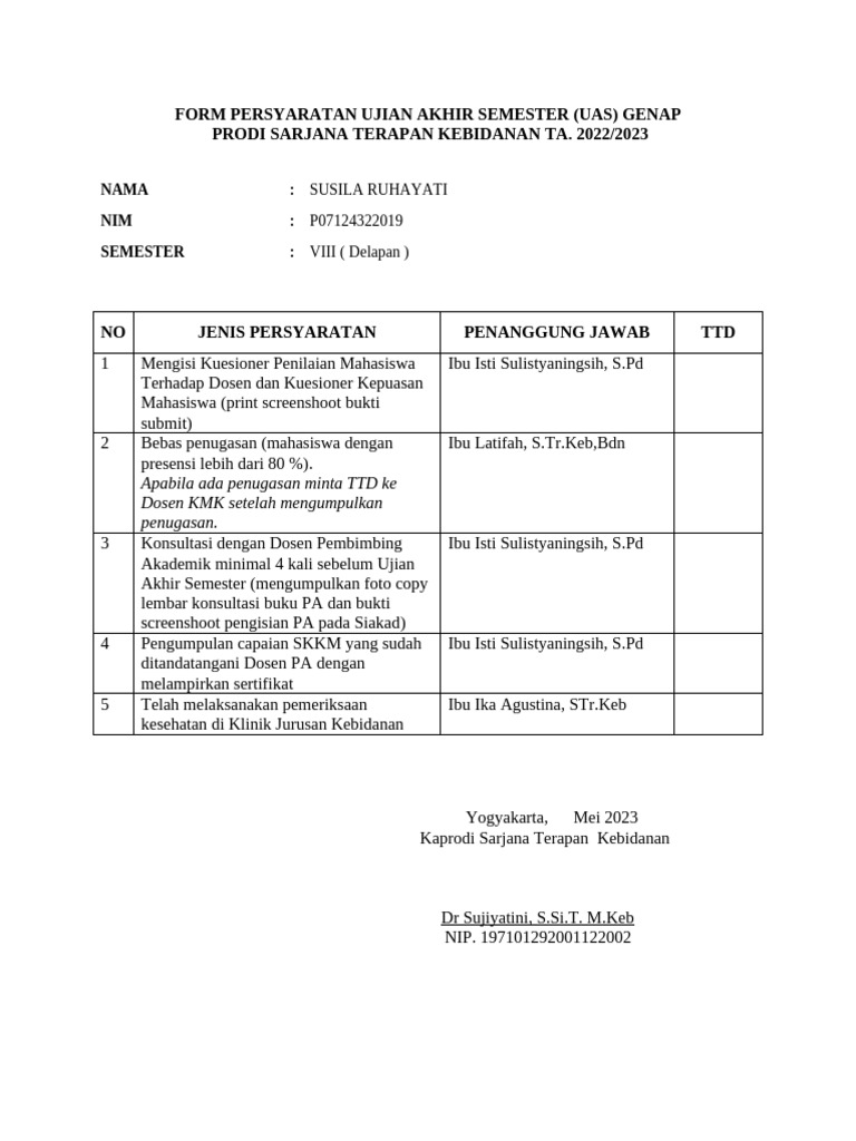 FORM PERSYARATAN UAS Susila | PDF