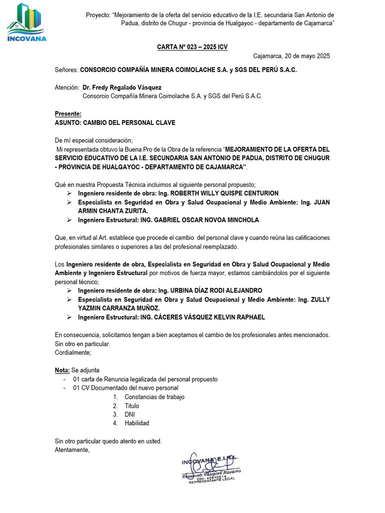 Carta Cambio de Personal Clave | PDF