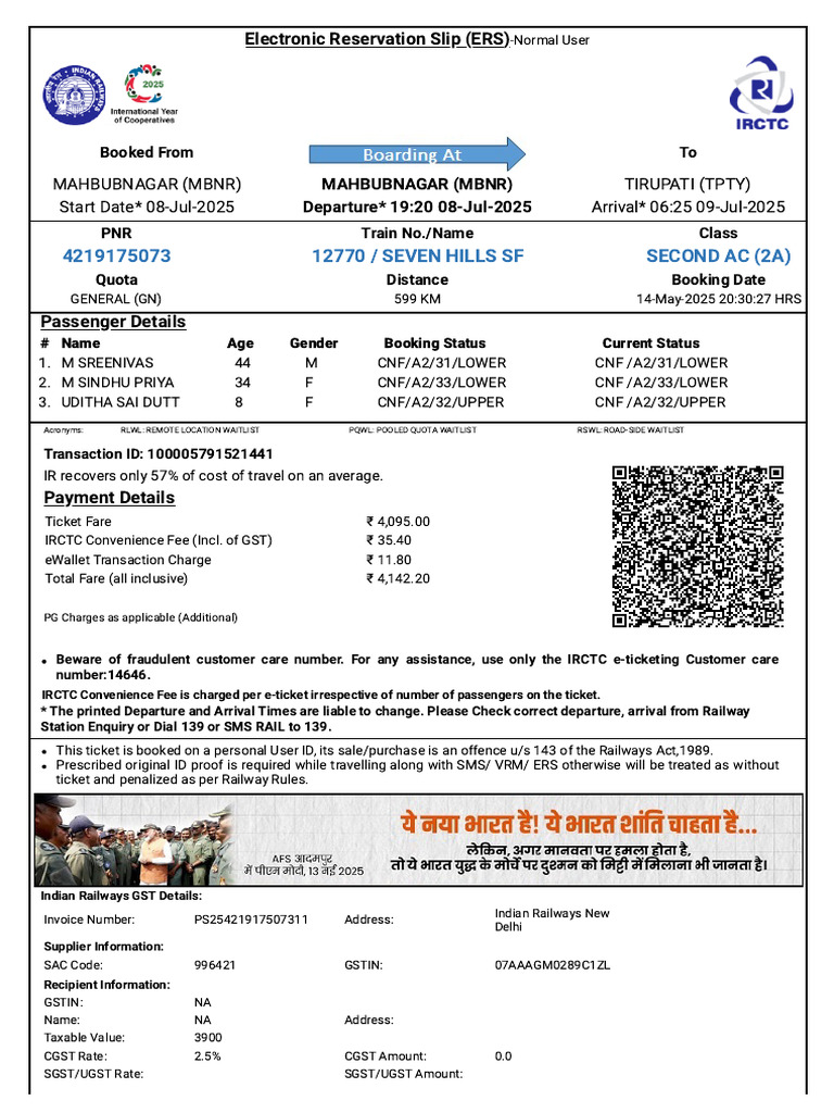 Seven Hills SF Second Ac (2A) : Electronic Reservation Slip (ERS) | PDF | Identity Document ...