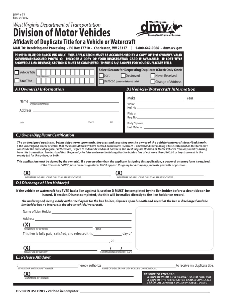 DMV 4 TR Application For Duplicate Title For A Motor Vehicle WF | PDF | Department Of Motor ...