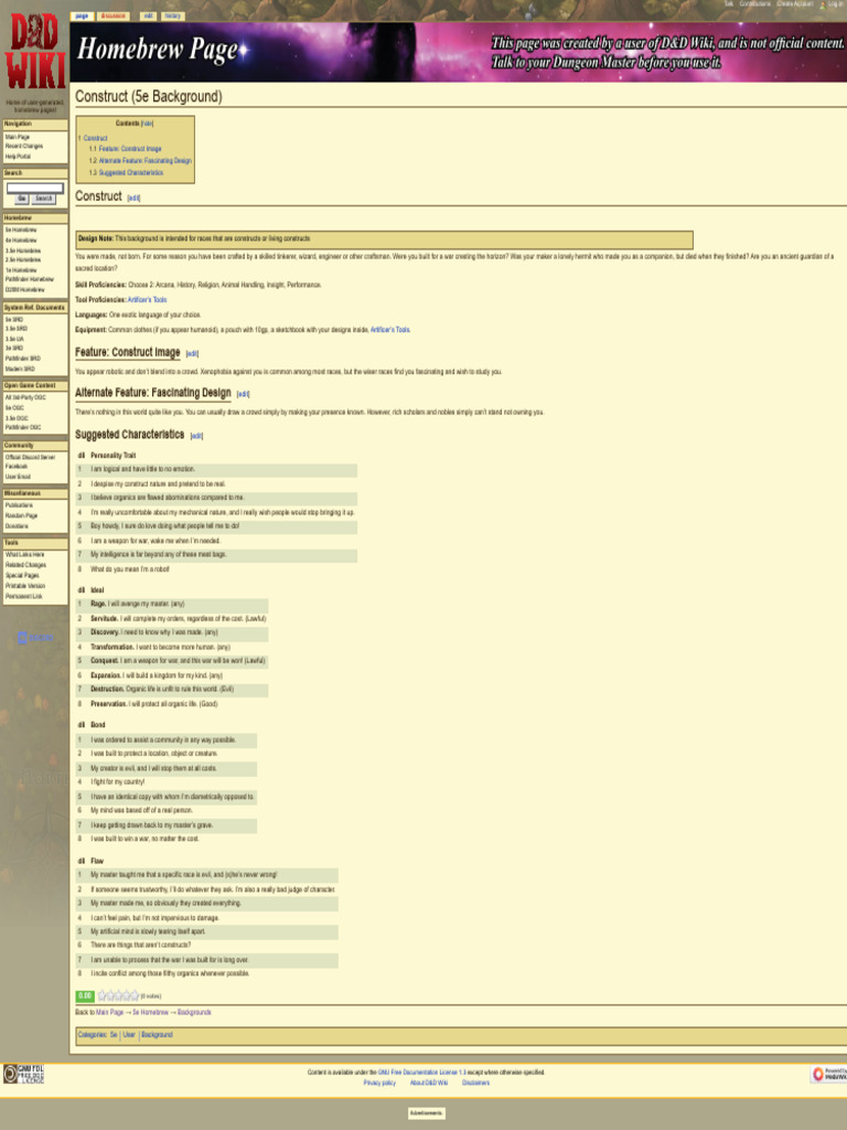 Construct (5e Background) - D&D Wiki | PDF