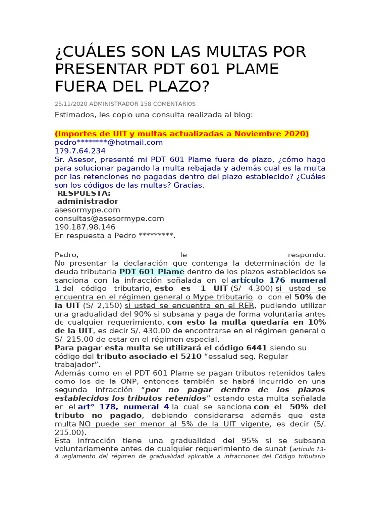 Cuáles Son Las Multas Por Presentar PDT 601 Plame Fuera Del Plazo | PDF ...
