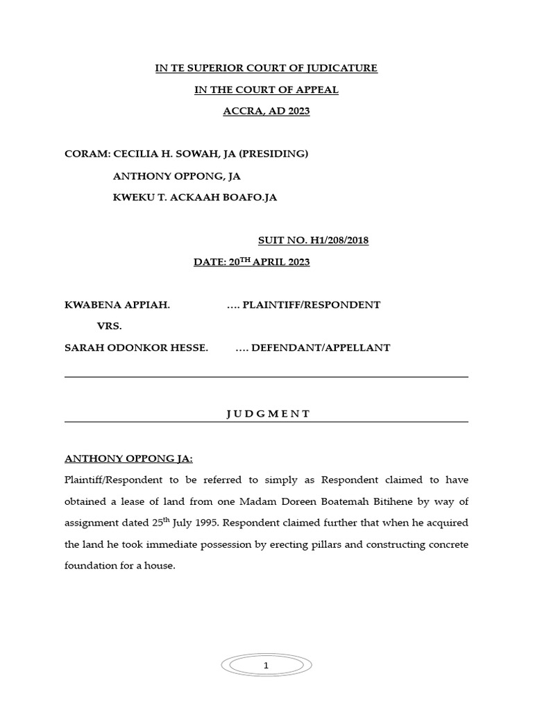 Kwabena Appiah Vrs Sarah Odonkor Hesse 2023 GHACA 34 (20 April 2023) Bona Fide Purchaser | PDF ...