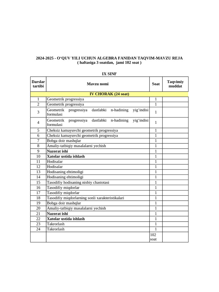 9-Sinf Algebra - Taqvim-Reja | PDF