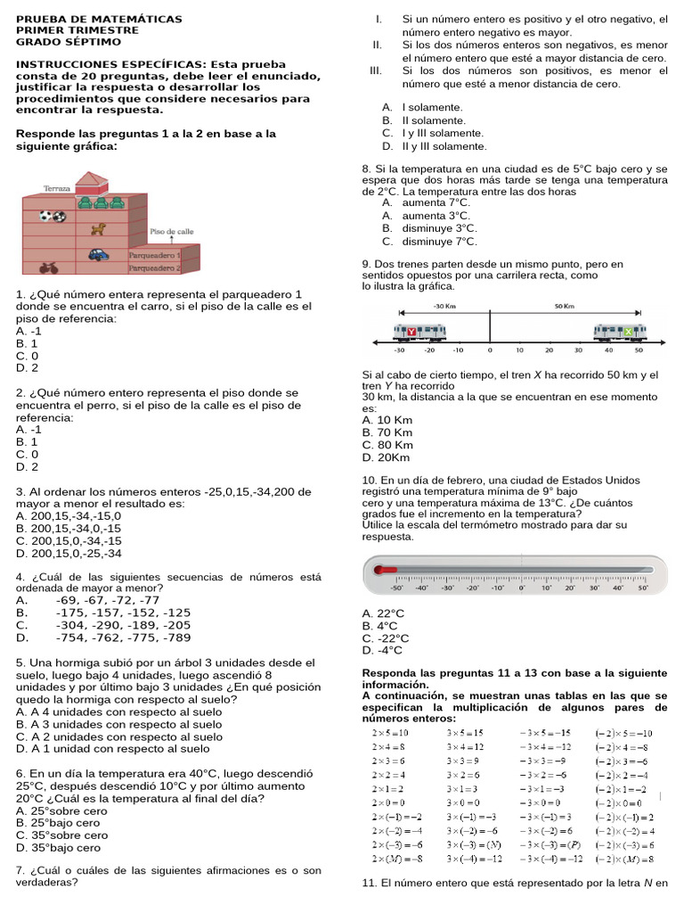 Evaluación Trimestral Matemáticas Séptimo 2025 | PDF | Celsius | Entero