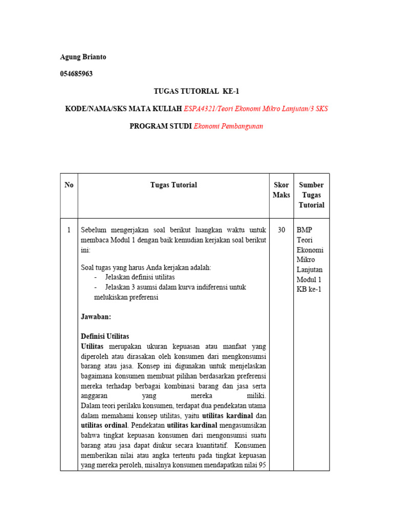 Tugas 1 - Teori Ekonomi Mikro Lanjutan - Agung Brianto | PDF