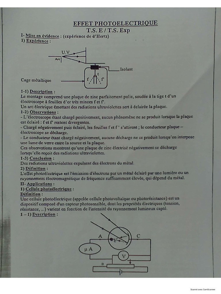 Effet Photoélectrique. Cours de Prof@B | PDF