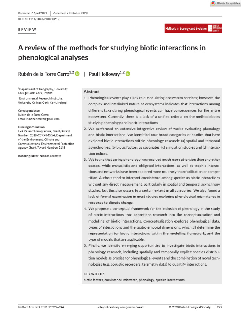 Methods Ecol Evol - 2020 - Torre Cerro - A review of the methods for studying biotic ...
