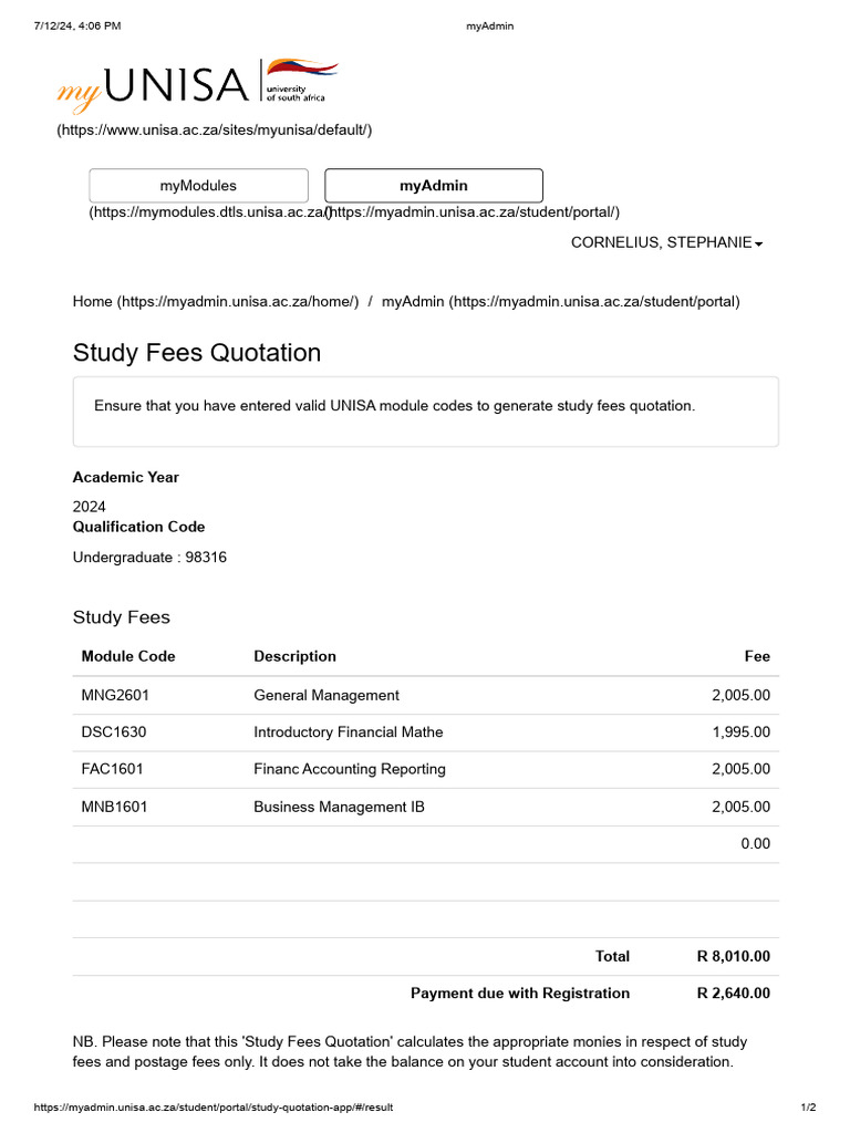 UNISA Study Fees Quotation 2024 | PDF