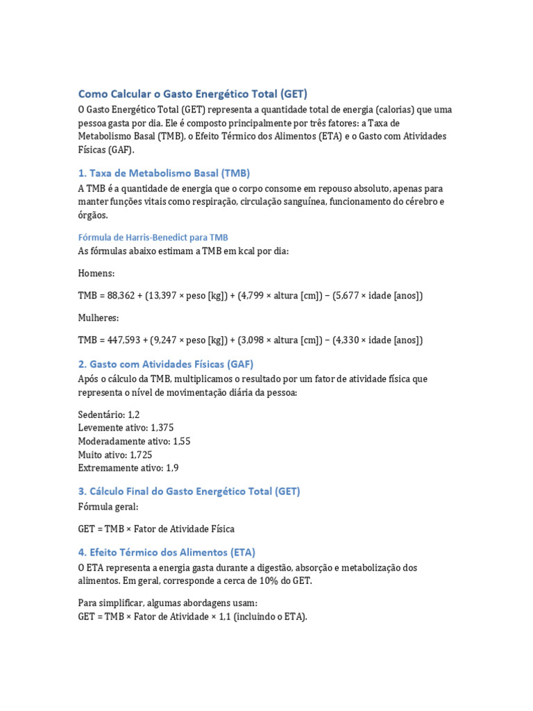 Cálculo do Gasto Energético Total (GET) | PDF