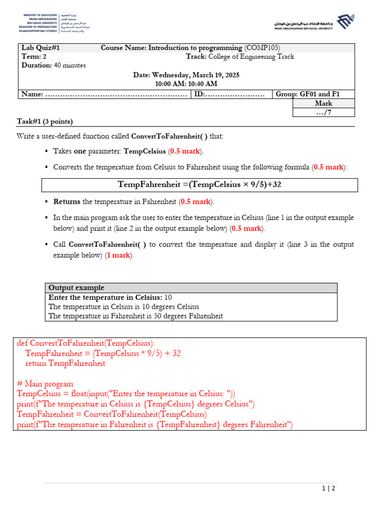 Lab Quiz 1 GF01 Solution | PDF | Fahrenheit | Computer Programming