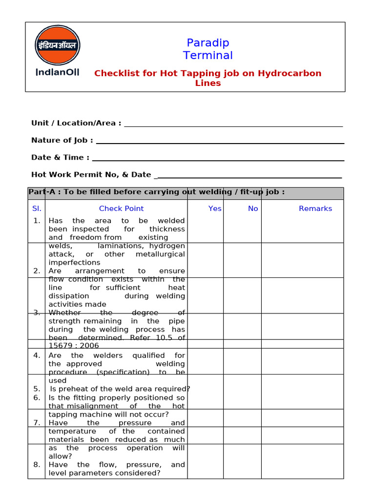 Hot Tapping Check List-Welding 2 | PDF | Welding | Construction