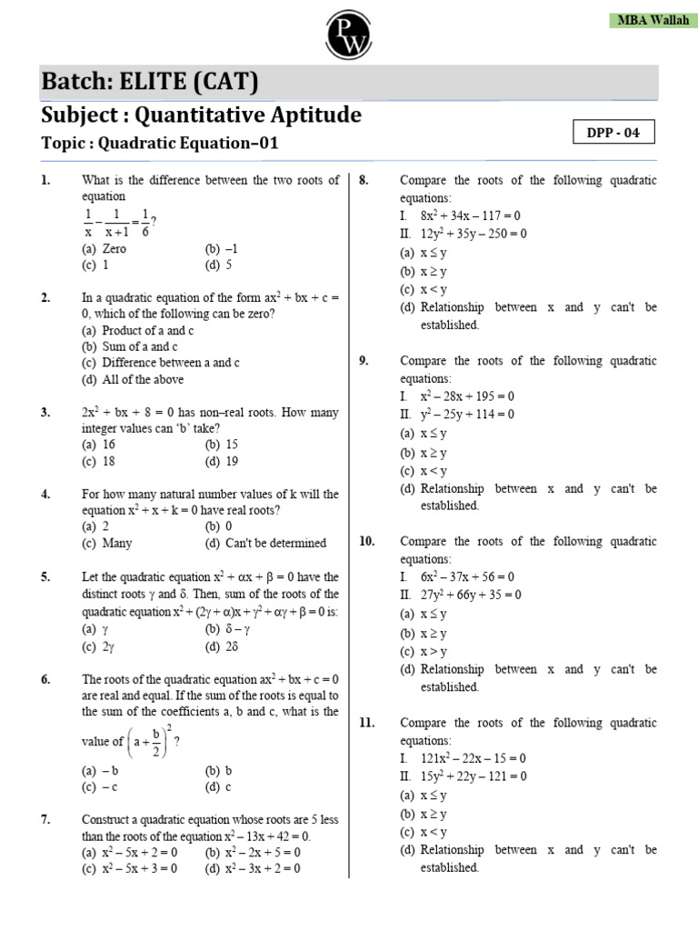 Algebra _ Quadratic Equation - L1 _ DPP 04 __ MBA Elite 2023 | PDF | Zero Of A Function ...