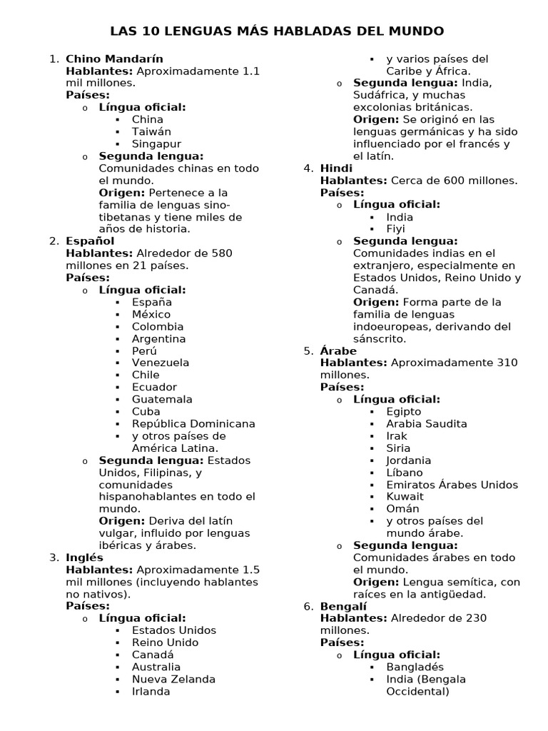 Las 10 Lenguas Más Habladas Del Mundo | PDF | Lengua portuguesa ...