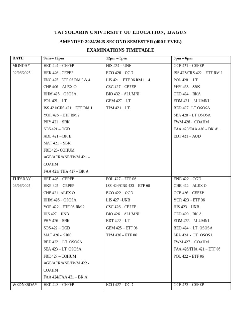 2024-2025-Second Semester Examination Timetable - 16-05-25 | PDF