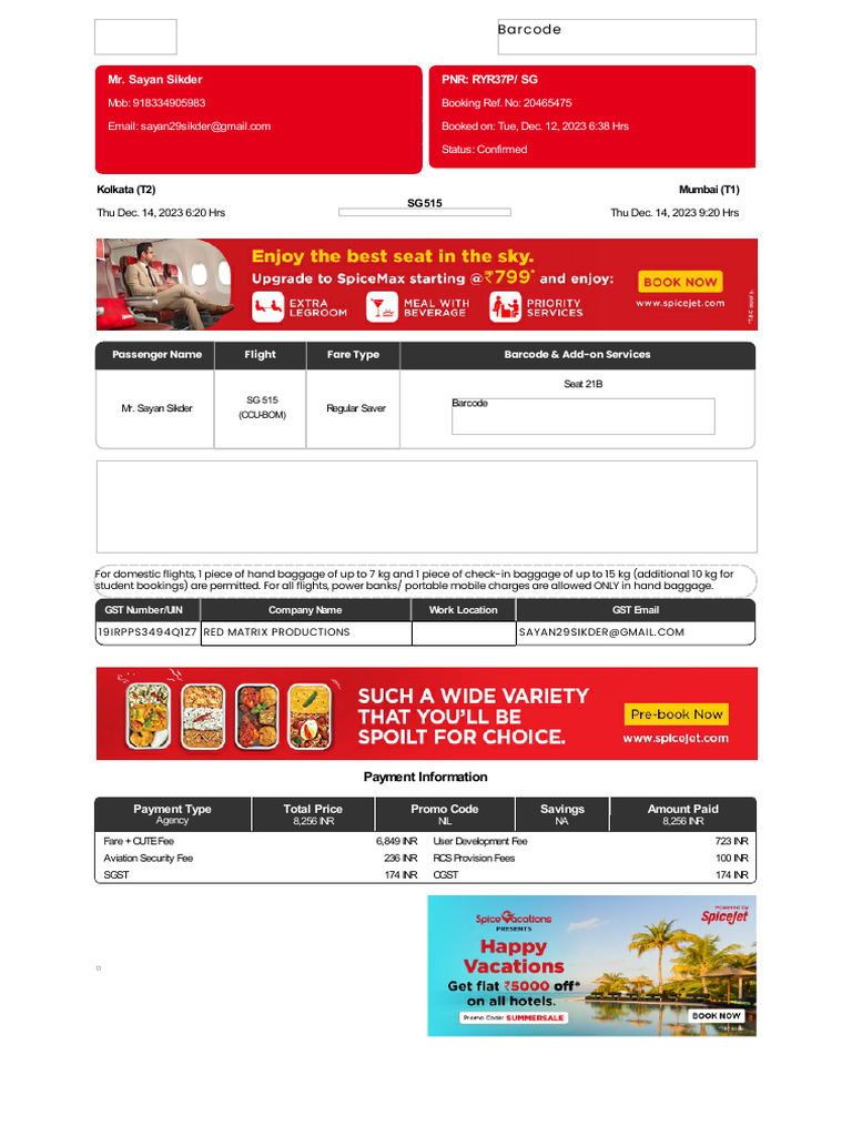 SpiceJet - E-Ticket - PNR - RYR37P 14 Dec 2023 Kolkata-Mumbai For ...
