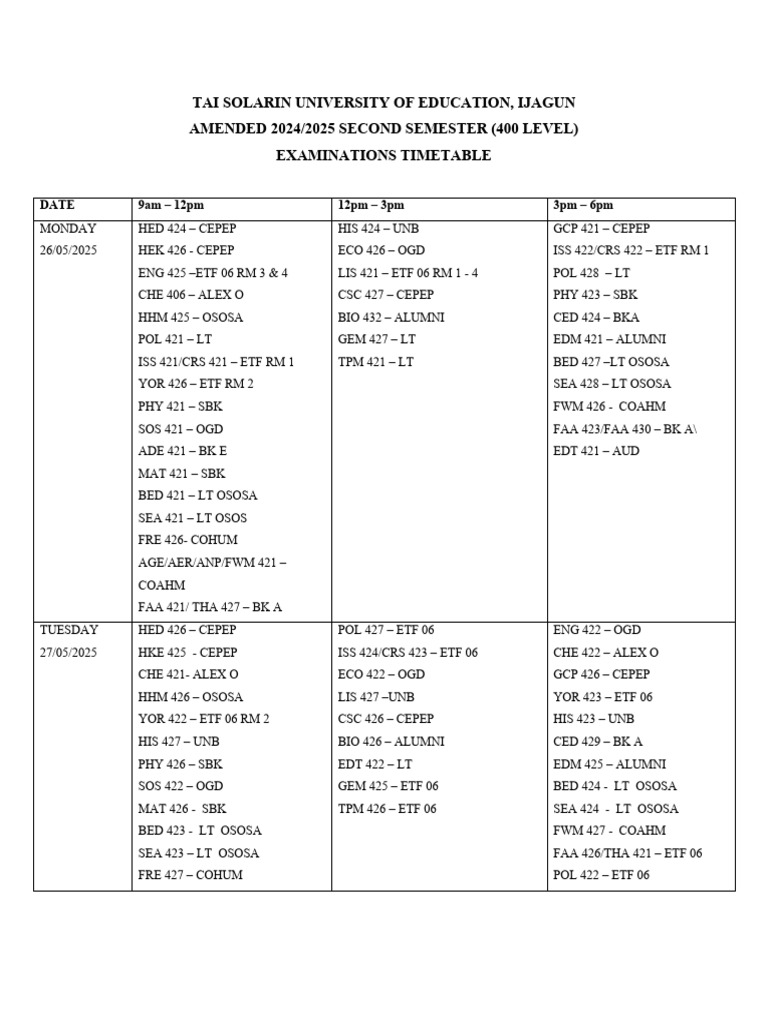 400 LEVEL 20242025 Second Semester Examination Timetable 22 4 2025 1 | PDF