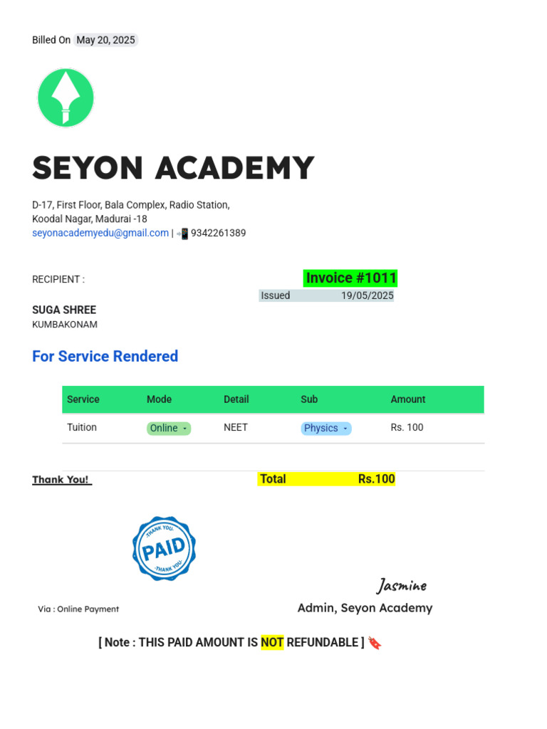 Seyon Academy: For Service Rendered | PDF