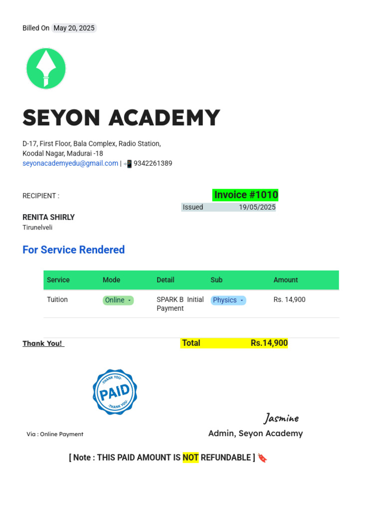 Seyon Academy: For Service Rendered | PDF