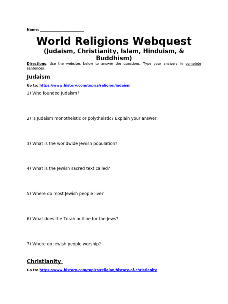 World Religions Webquest: (Judaism, Christianity, Islam, Hinduism ...