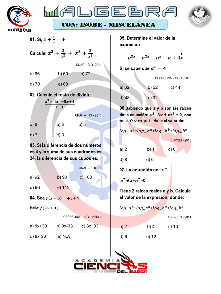 Miscelanea Preu CIENCIAS DEL SABER | PDF | Álgebra | Matemáticas