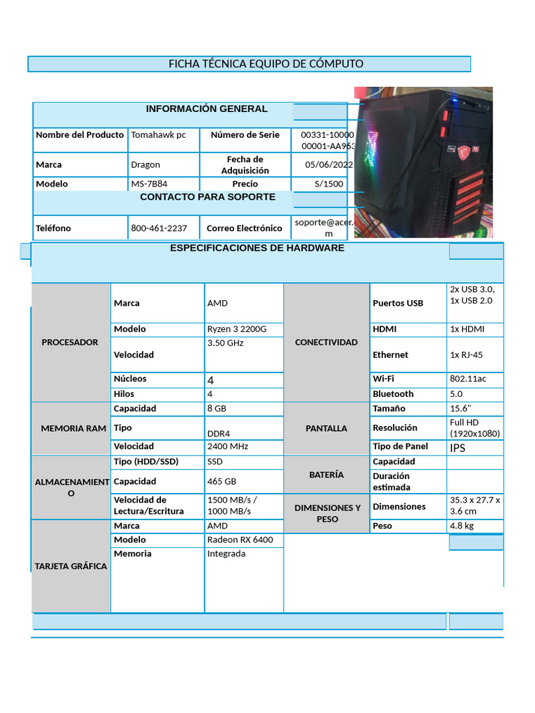 Ficha Técnica Equipo de Cómputo | PDF | USB | Ingeniería Informática