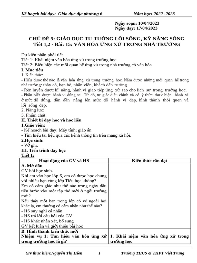 Giáo Án GDĐP GDCD 6 | PDF