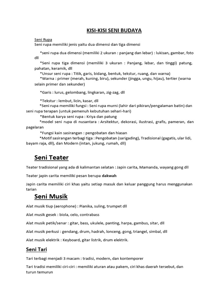 Kisi-Kisi Seni Budaya Kelas 12 Ujian | PDF