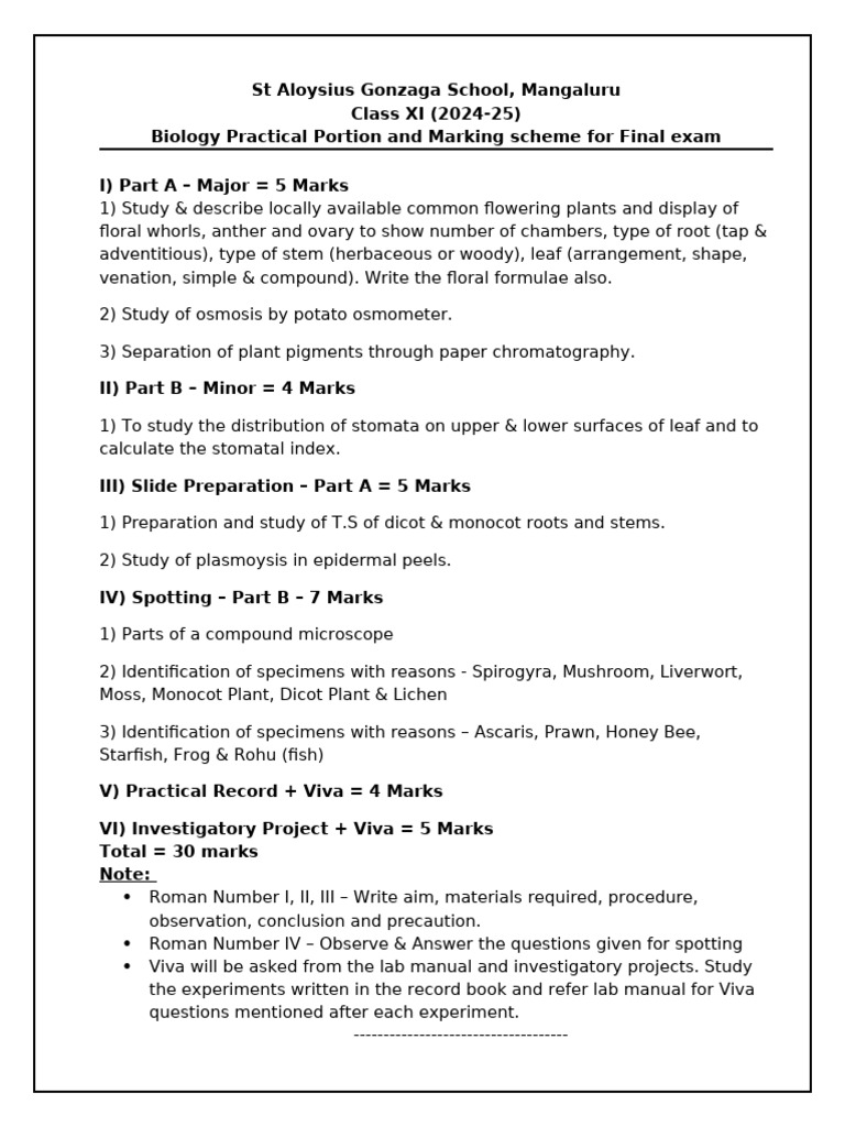 Class XI - Biology Final Practical Portion (2024-25) | PDF