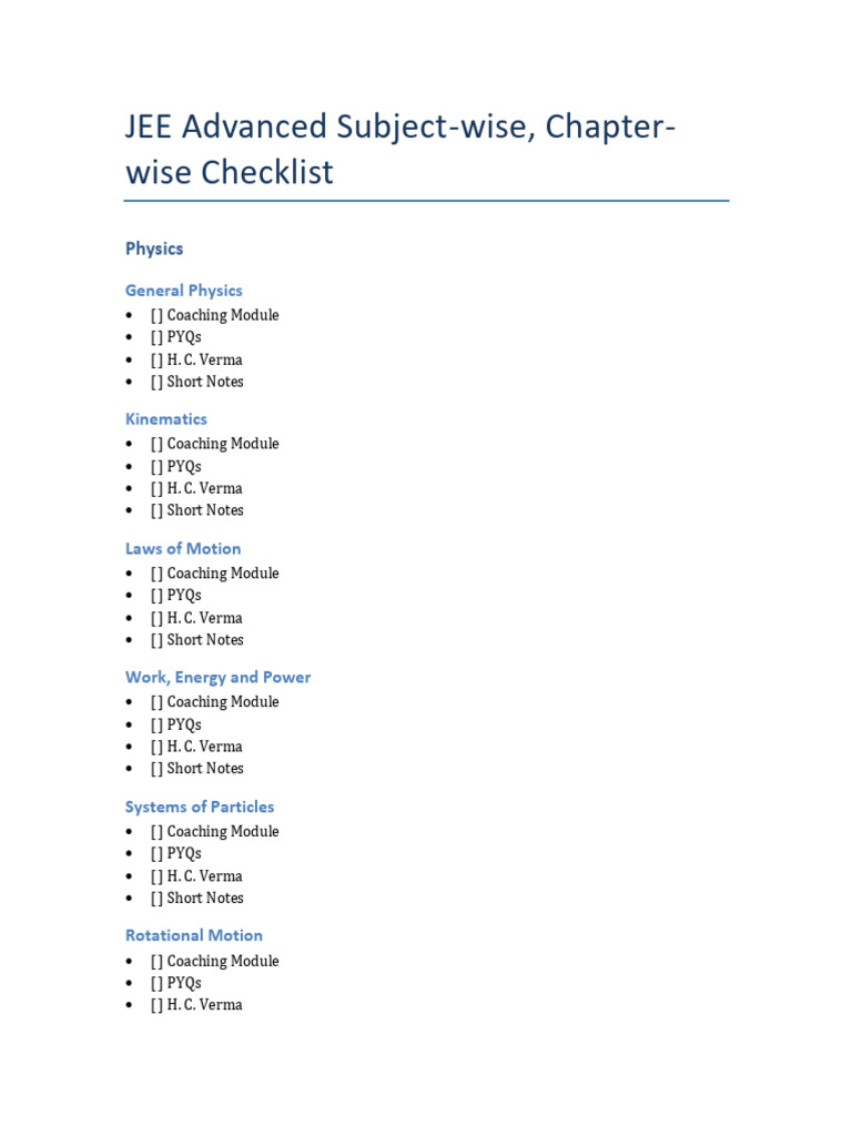JEE Advanced Chapterwise Checklist | PDF | Chemistry | Physics