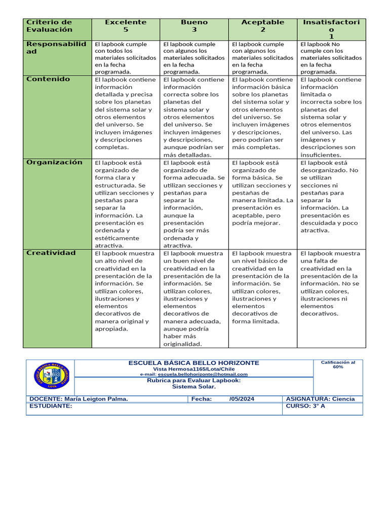 Rubrica Lapbook Sistema Solar 3° A | PDF