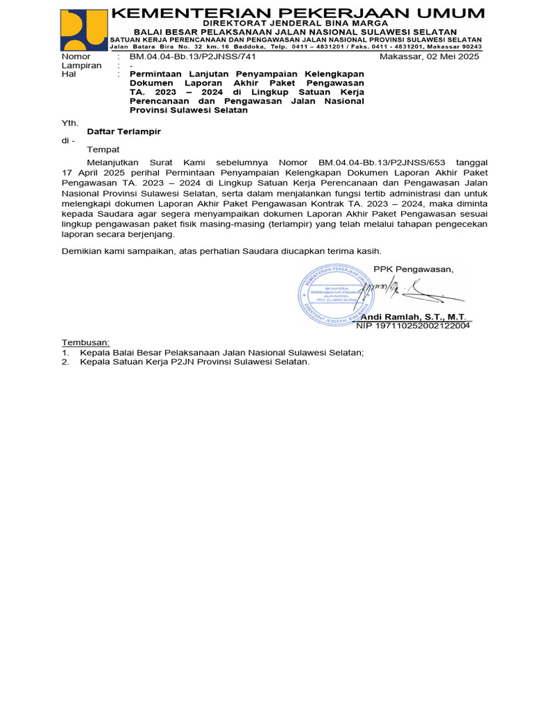 No. 741 Tgl. 02 Mei 2025 - Surat Penyampaian Lanjutan Pemenuhan Kelengkapan Laporan Akhir Paket ...