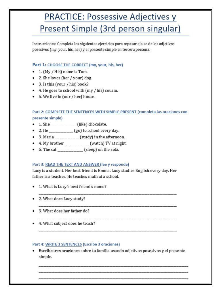 Possessive Adjectives & Present Simple Practice | PDF