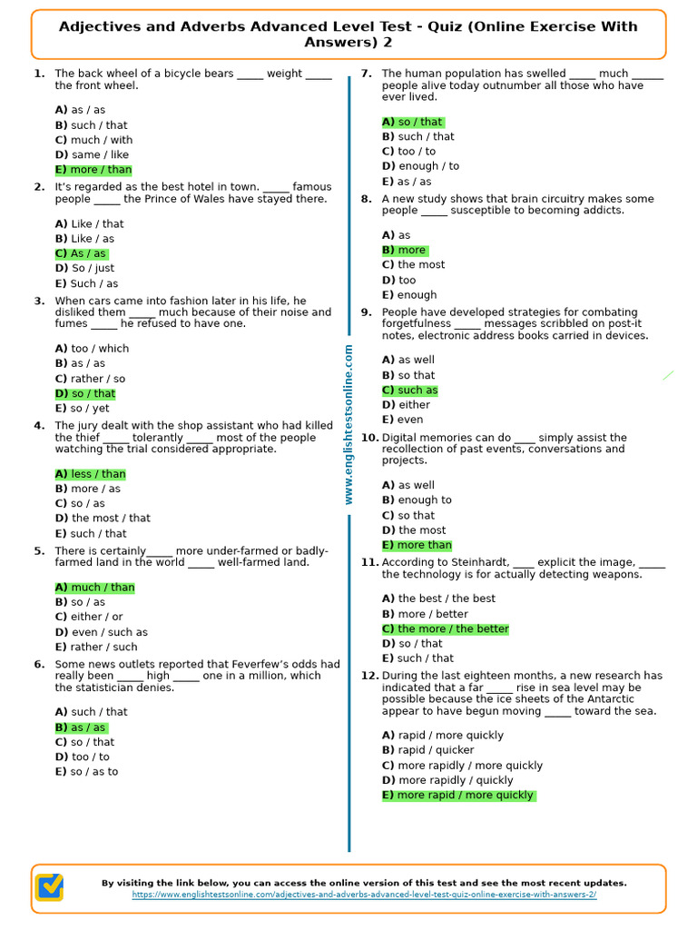 Adjectives and Adverbs Test 2 | PDF