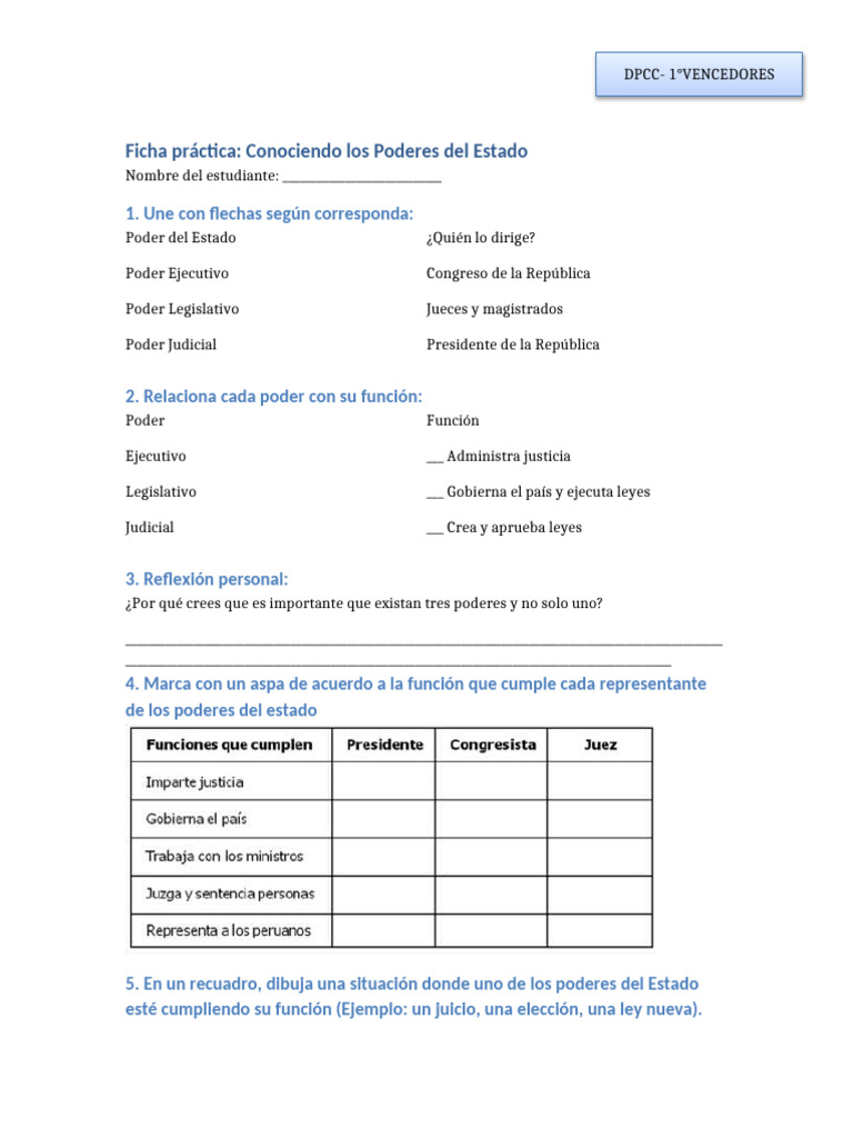 Ficha Poderes Del Estado 1S | PDF
