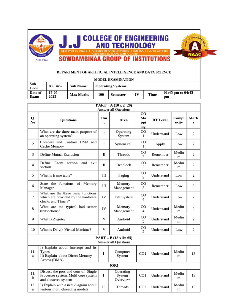 Al3452 - Os - At2 - Question Paper - Second Year - Ai&Ds | PDF ...