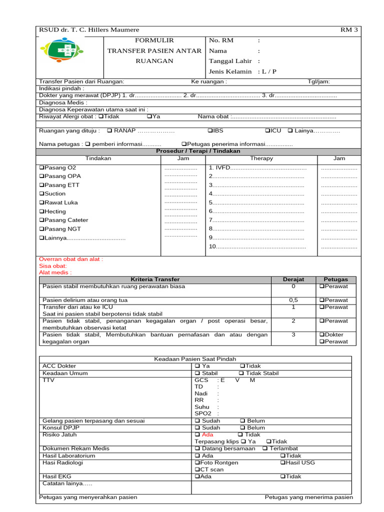 Formulir Transfer Pasien Antar Unit Rsud Mof | PDF