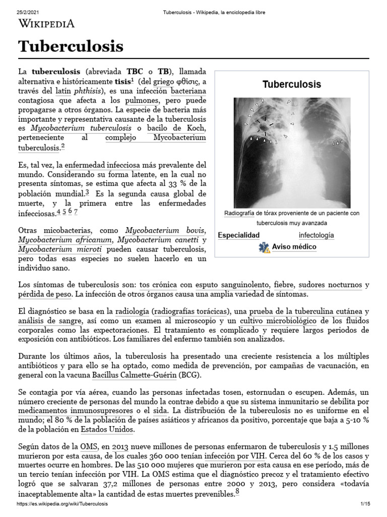 Tuberculosis - Wikipedia, la enciclopedia libre | PDF | Tuberculosis | Especialidades Medicas