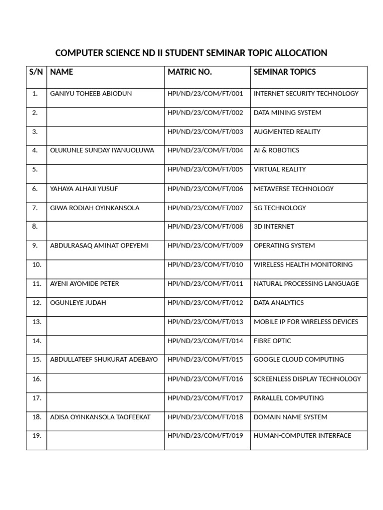 Student Seminar Topic Allocation | PDF