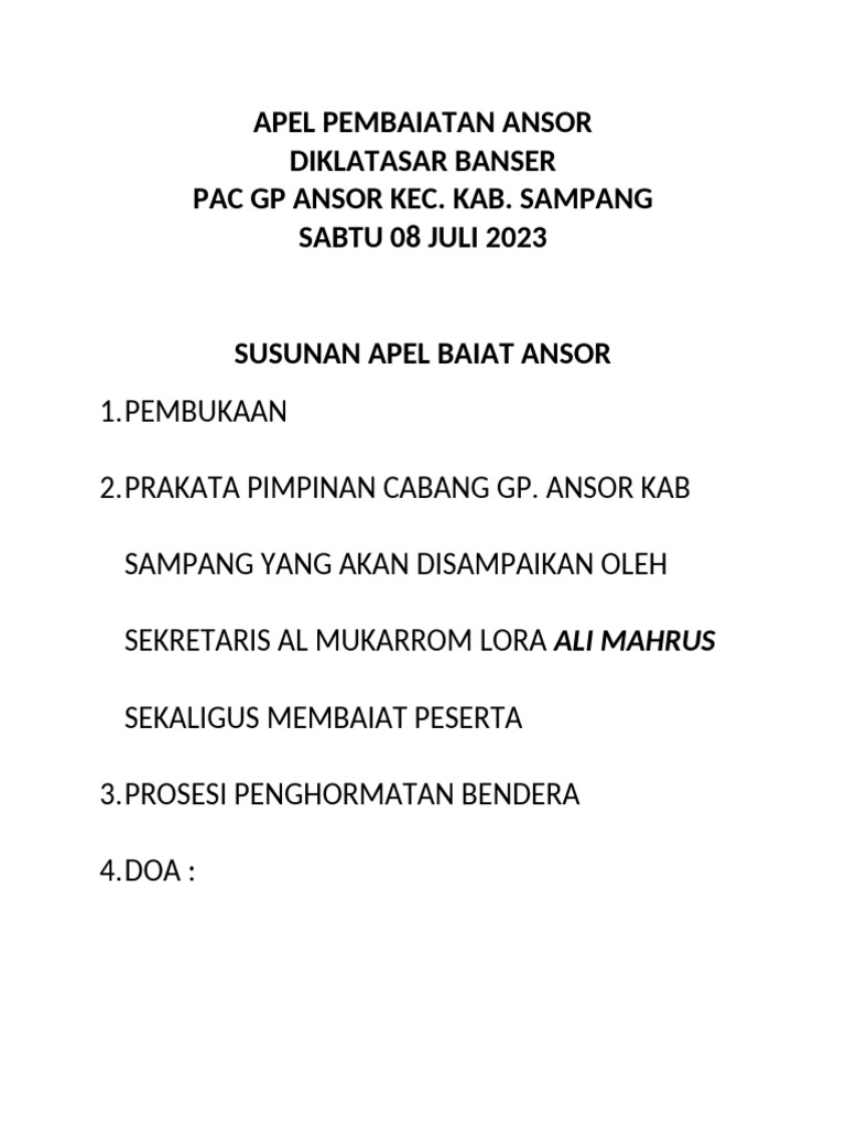 Susunan Apel Baiat Ansor | PDF