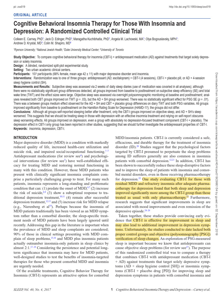 Cognitive Behavioral Insomnia Therapy_Carney_2017 | PDF | Major Depressive Disorder | Insomnia