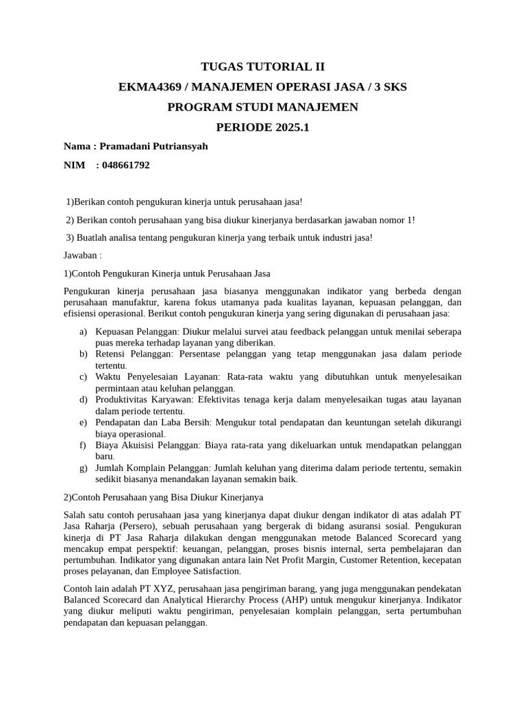 Tugas Tutorial II Managemen Operasi Jasa | PDF