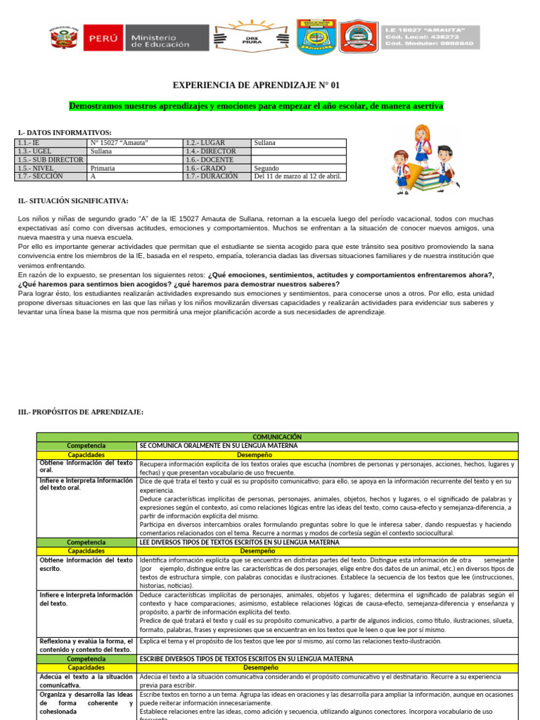 EDA #1 - 2do Grado 2024 | PDF | Información | Aprendizaje