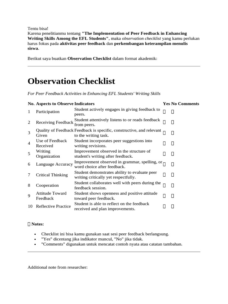Observasion Checklist | PDF | Cognitive Science | Human Communication