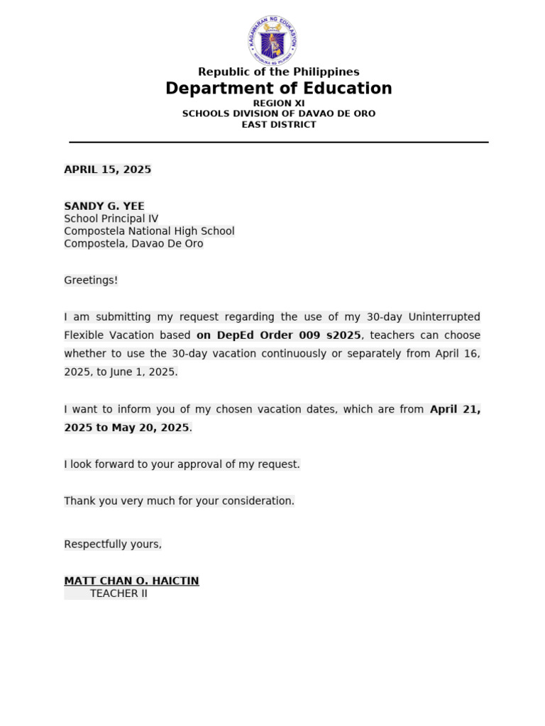 Uninterrupted Vacation Request Letter | PDF