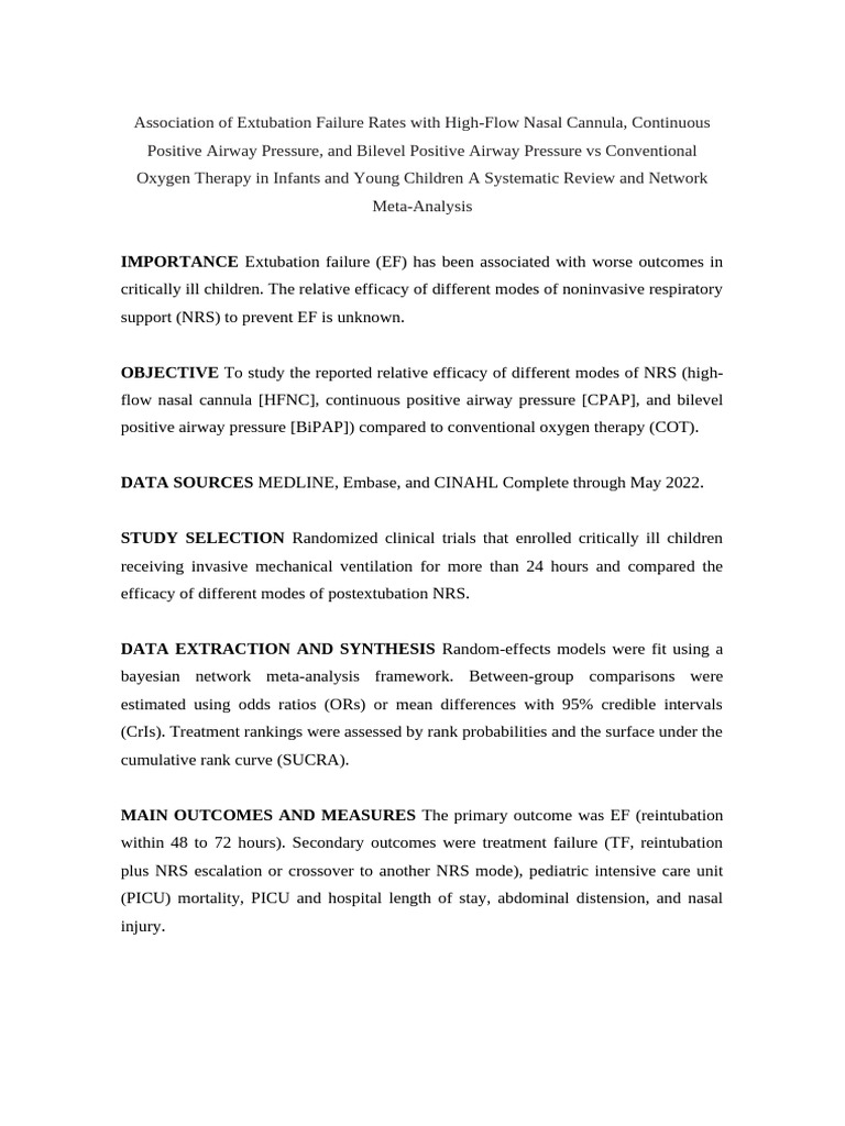 Association of Extubation Failure Rates With High | PDF | Meta Analysis ...