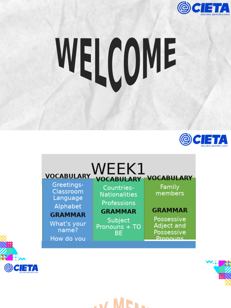 Week 1 ESL Vocabulary and Grammar Guide | PDF