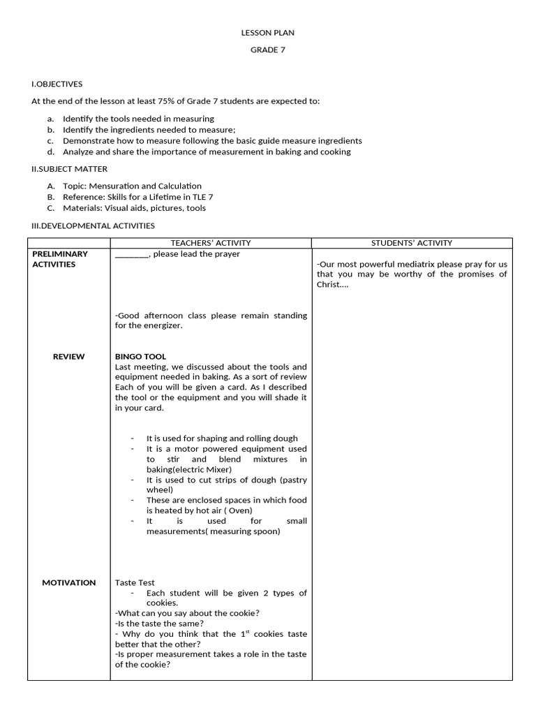 LESSON PLAN Measuring Ingredients | PDF | Baking | Cooking