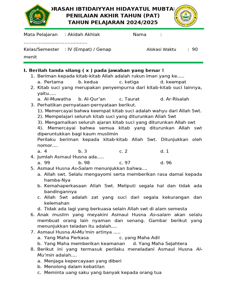 Soal Pat Akidah Akhlak Kelas 4 | PDF