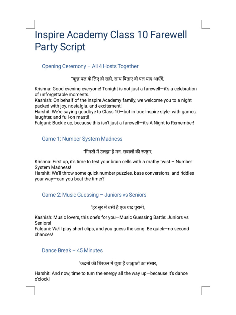 Inspire Academy Farewell Script | PDF